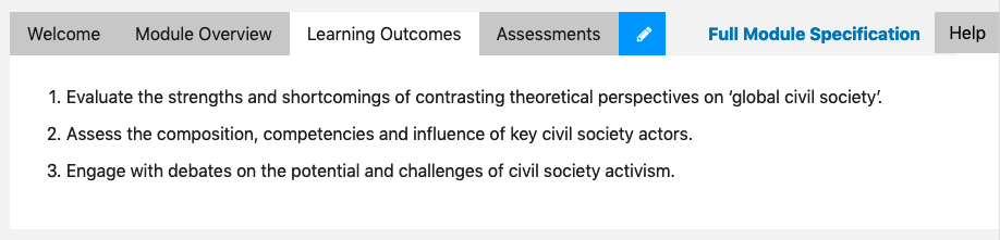 Learning outcomes tab – UoP Baseline
